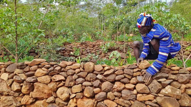 An Ethiopian farmer checks farm terraces